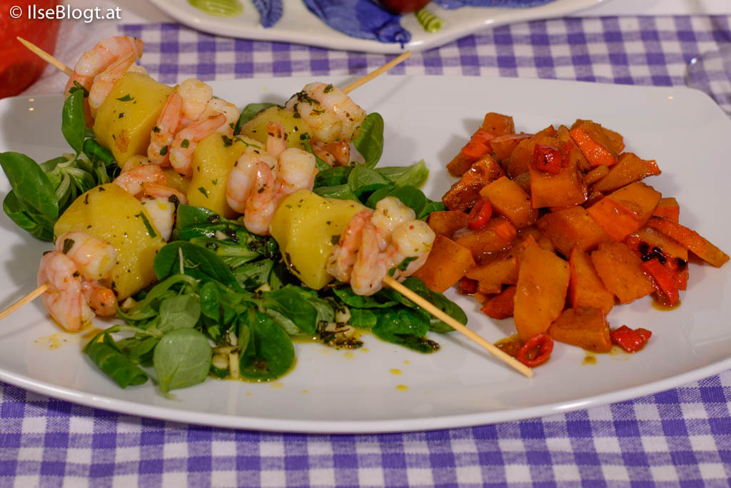 Garnelen-Kartoffel-Spieß mit Chili-Kürbis - Ilse Blogt